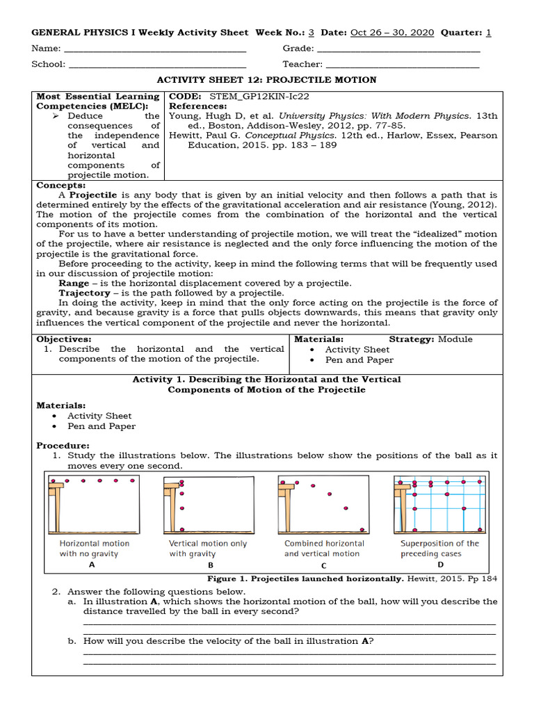 General Physics I Weekly Activity Sheet 12 | PDF | Force | Projectiles