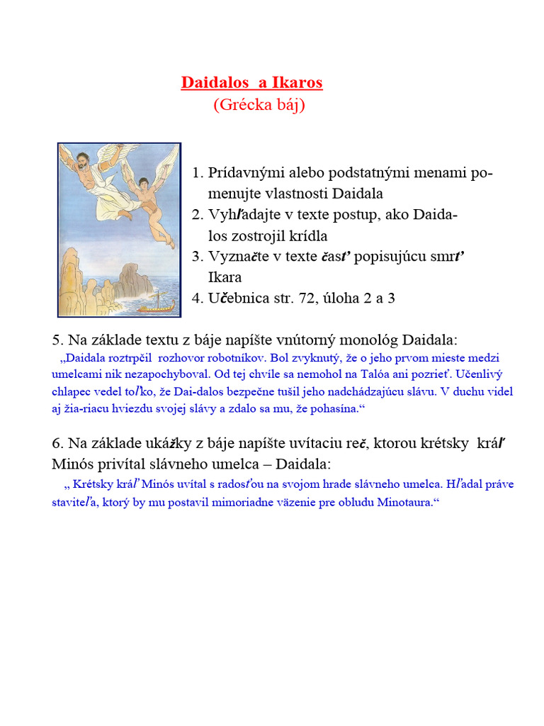 Daidalos a Ikaros - pracovný list | PDF