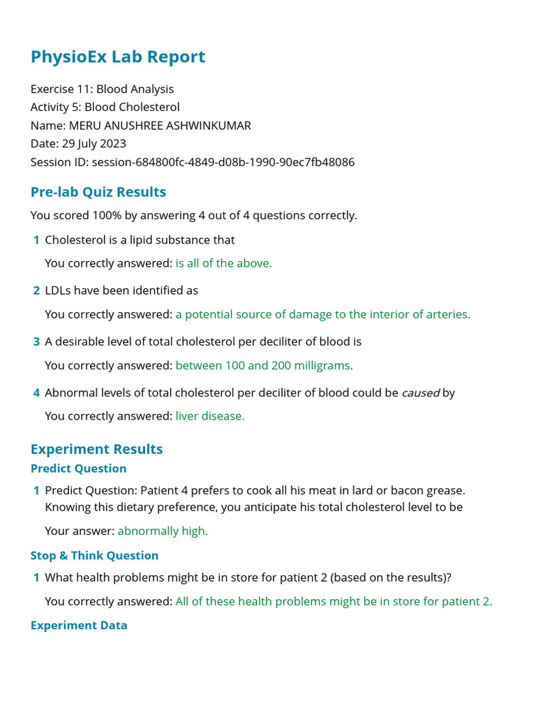 PhysioEx Exercise 11 Activity 5 | PDF | Cholesterol | Hypercholesterolemia