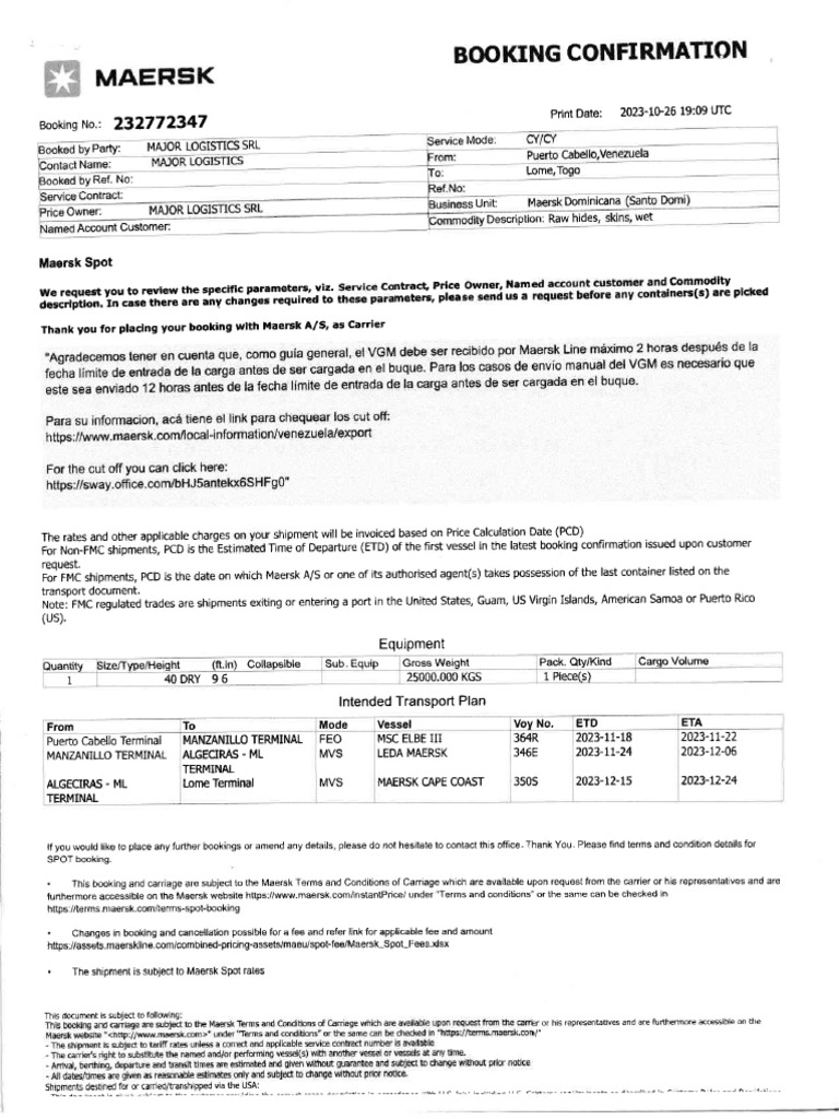 Maersk Booking Confirmation Details | PDF | Cargo | Freight Transport