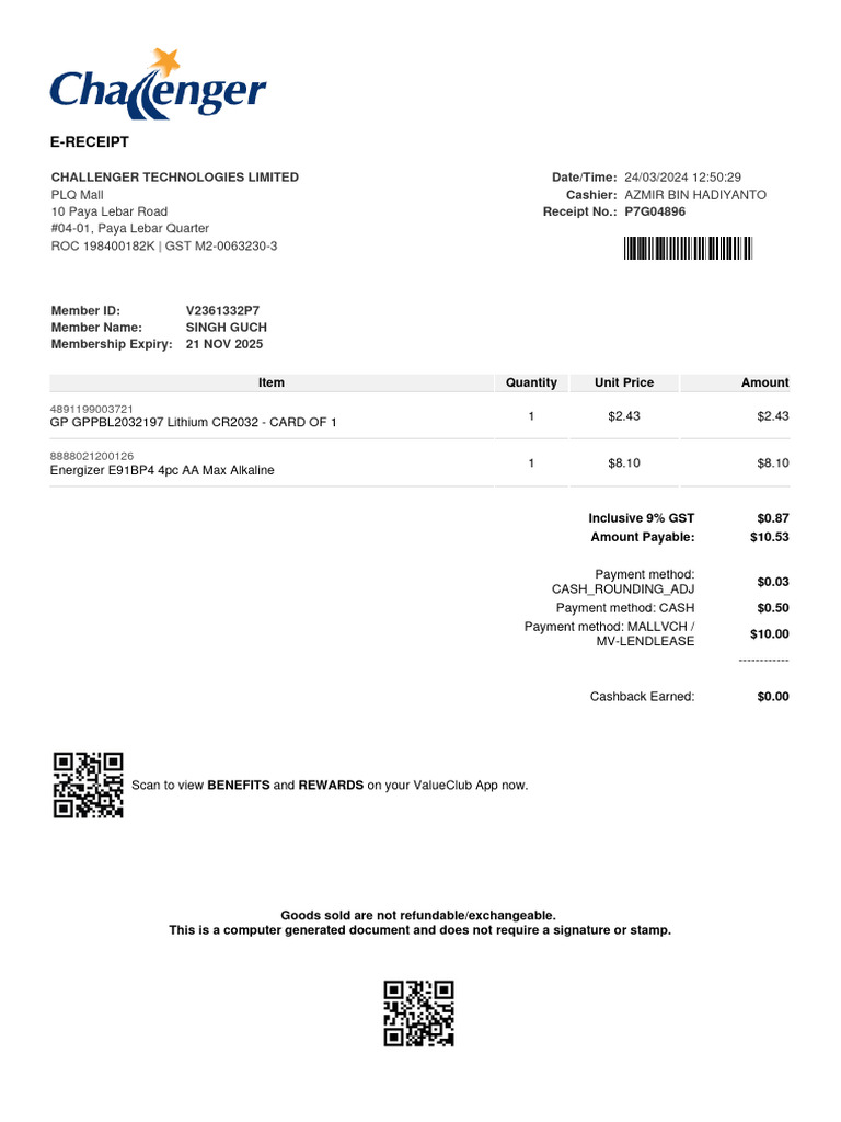 E-Receipt: Challenger Technologies Limited Date/Time: Cashier: Receipt ...
