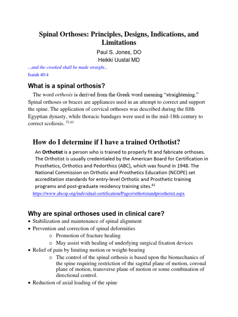 Spinal Orthoses: Functions and Applications | PDF | Vertebra ...