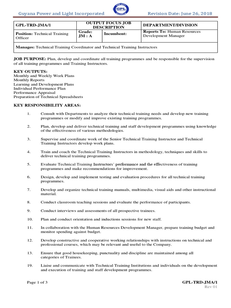 Technical Training Officer Job Description | PDF | Information | Leadership