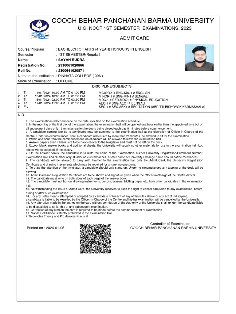 Cooch Behar Panchanan Barma University: U.G. NCCF 1St Semester Examinations, 2023 Admit Card | PDF