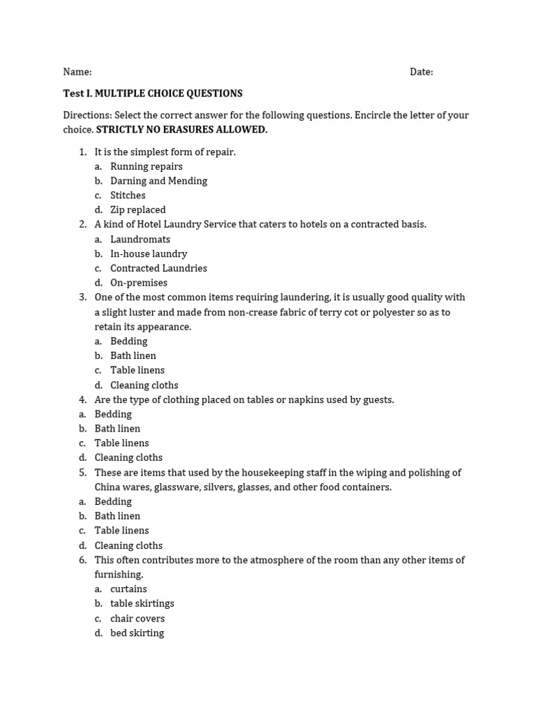 Housekeeping Questionnaires | PDF | Laundry | Washing Machine