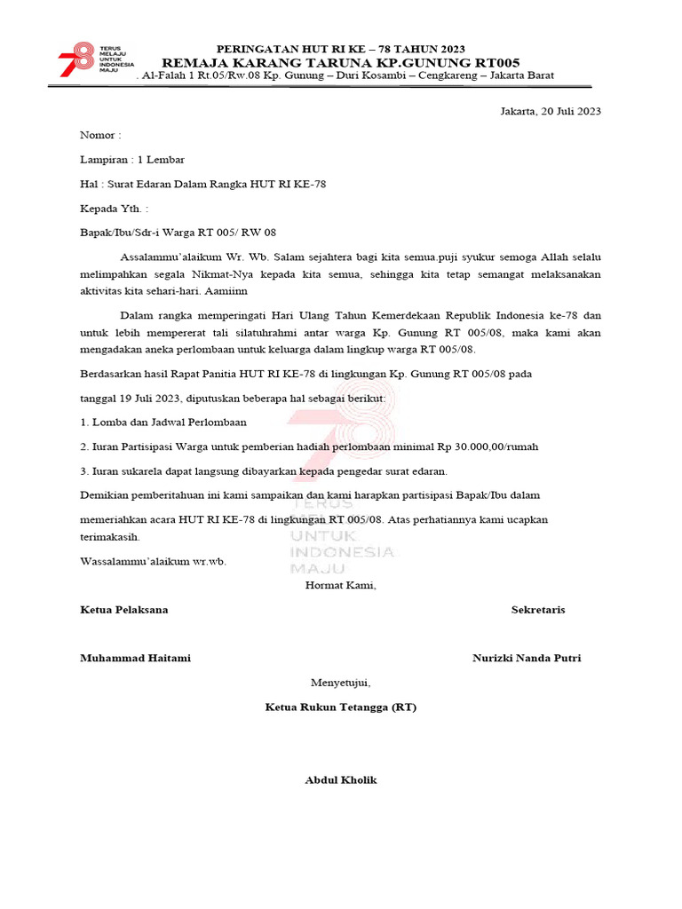 Surat Edaran 17 Agustus 2023 KP Gunung RT 05 | PDF