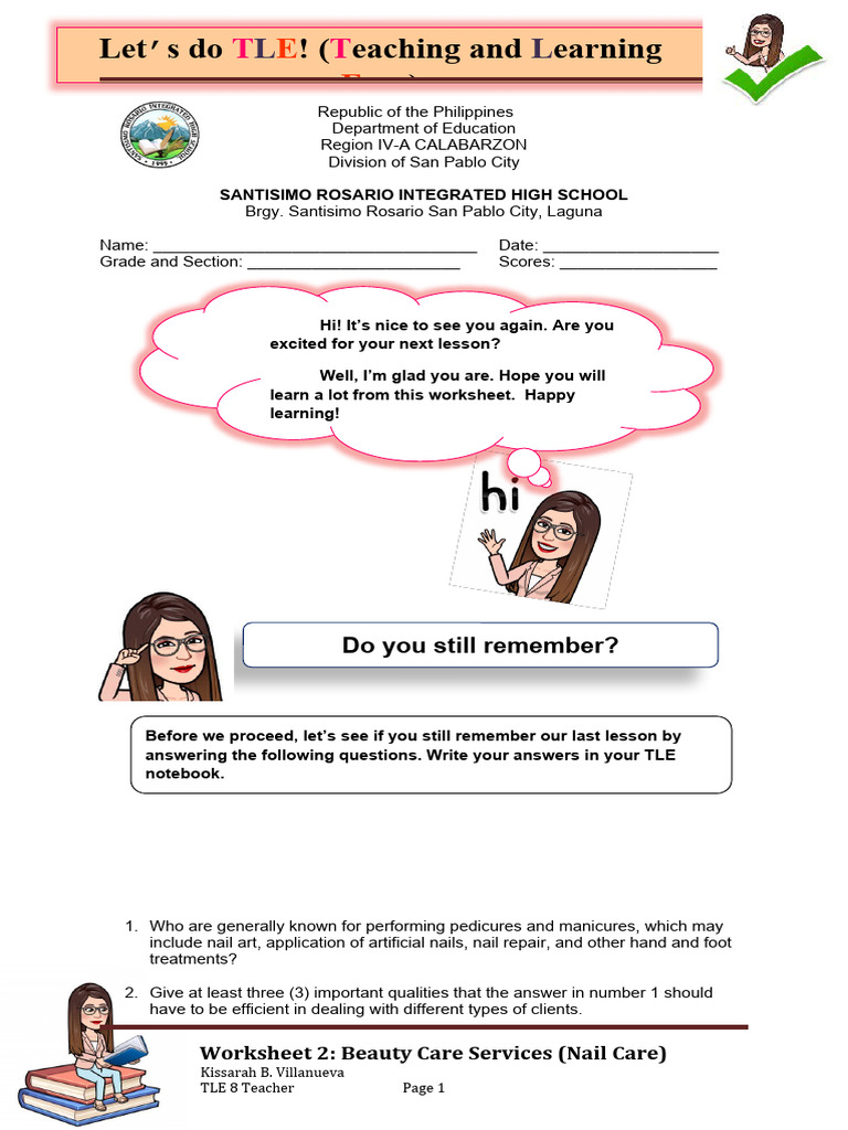 TLE 8 WORKSHEET 2 Nail Care 7/8 | PDF | Nail (Anatomy) | Integumentary ...