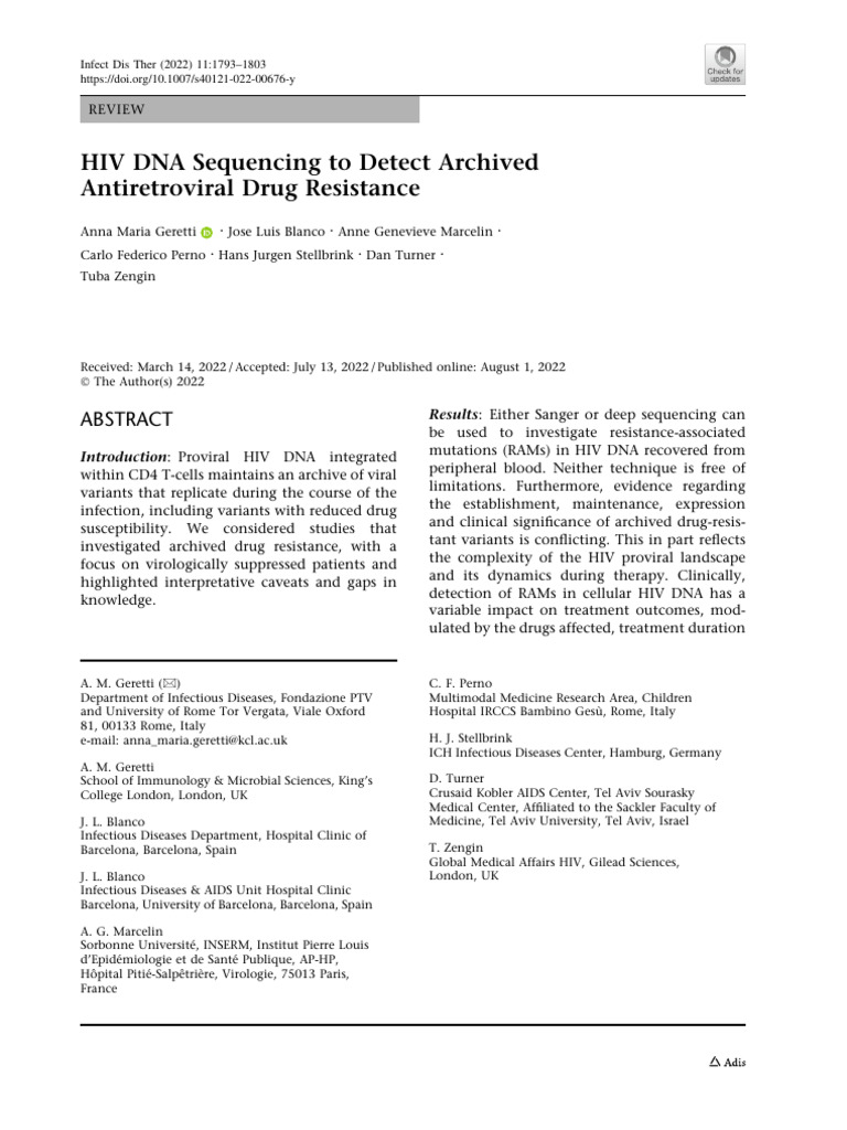HIV DNA Sequencing To Detect Archived Antiretroviral Drug Resistance ...