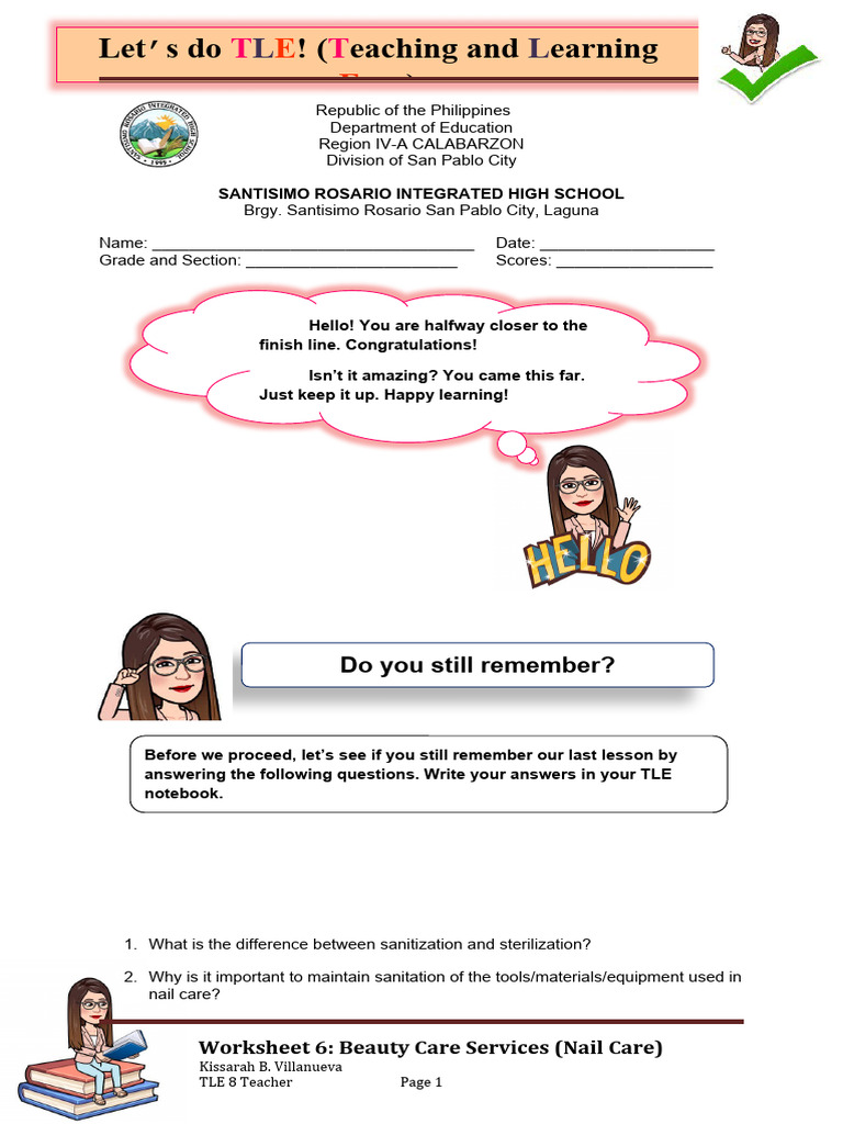 TLE 8 WORKSHEET 6 Nail Care 7/8 | PDF | Nail (Anatomy)