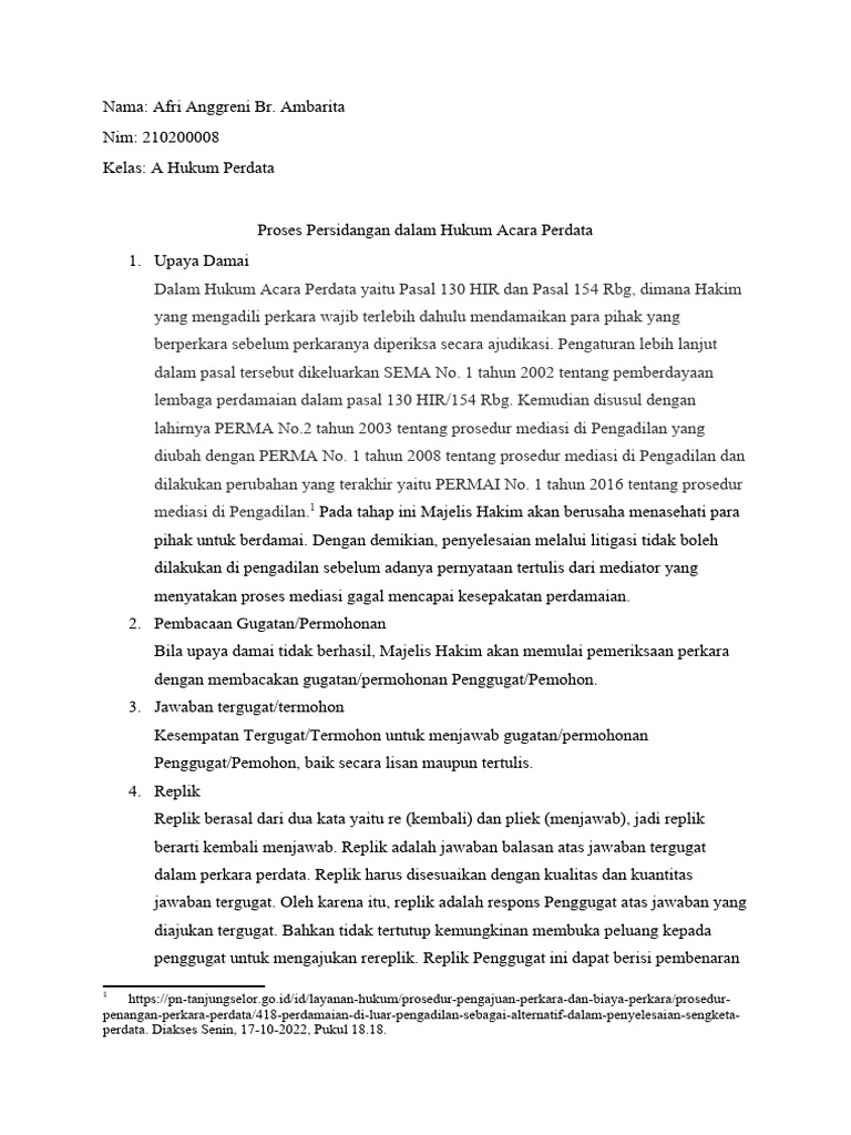 Tugas 3 Hukum Acara Perdata - Afri Anggreni Br. Ambarita - 210200008 - KelasA | PDF