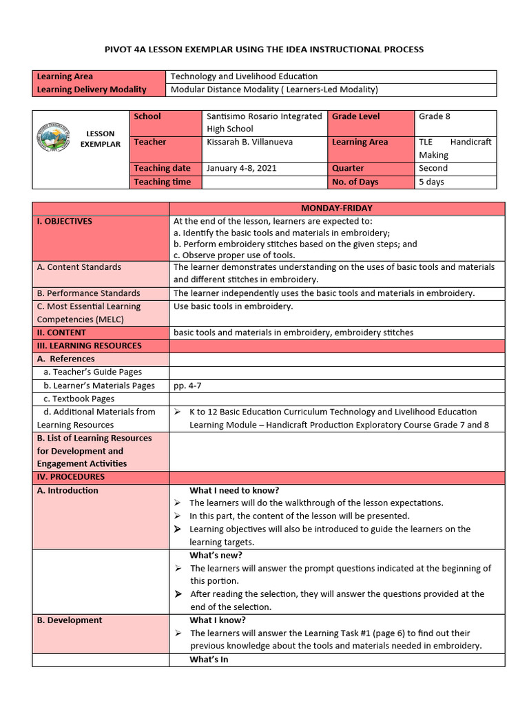 Grade 8 TLE Handicraft Lesson Plan | PDF | Learning | Curriculum