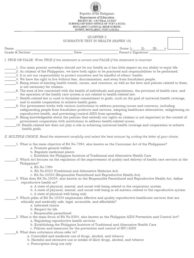 Health Summative Test for MAPEH 10 | PDF | Drugs | Substance Abuse