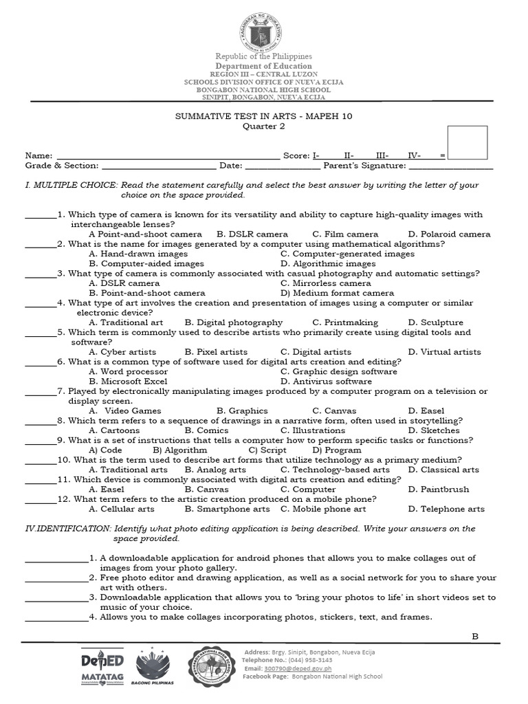 Q2 Arts Summative Test Special Class B | PDF | Camera | Telephone