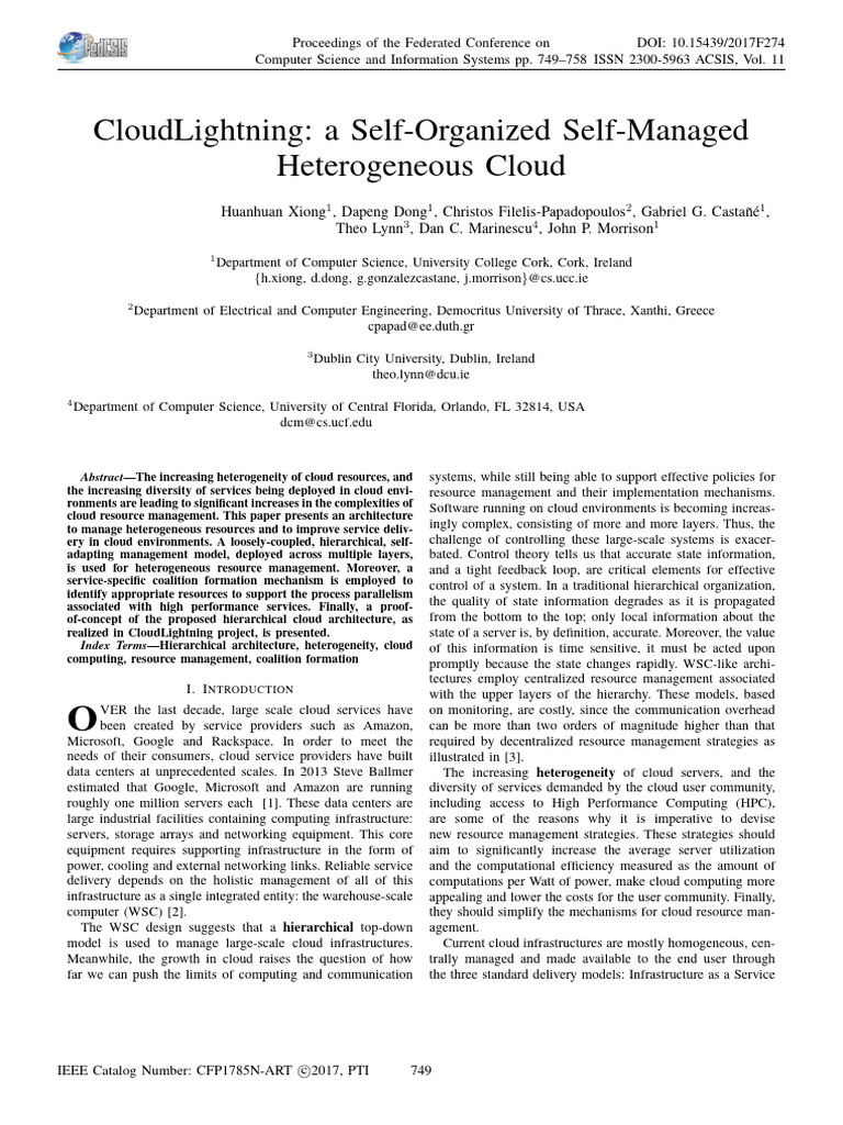 Cloudlightning: A Self-Organized Self-Managed Heterogeneous Cloud | PDF | Cloud Computing | System