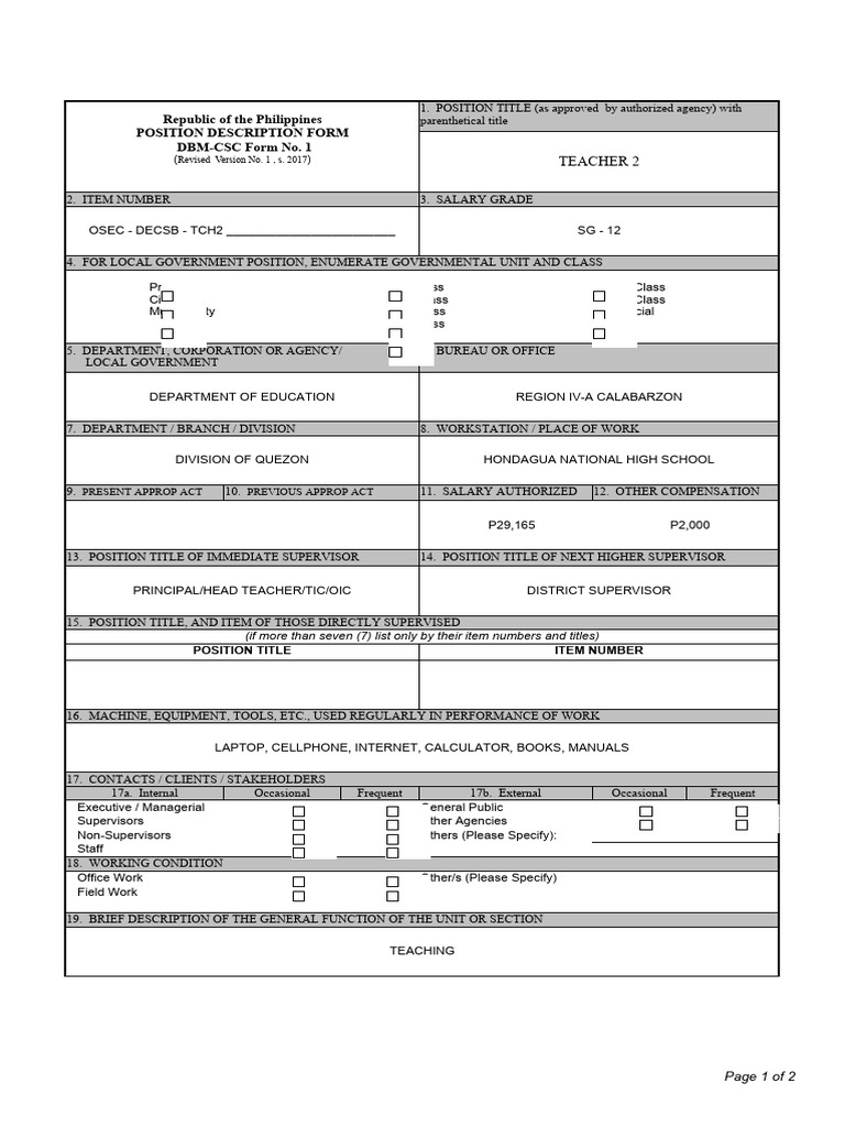 Position Description Forms CSC Form No. 1 Latest | PDF | Teachers