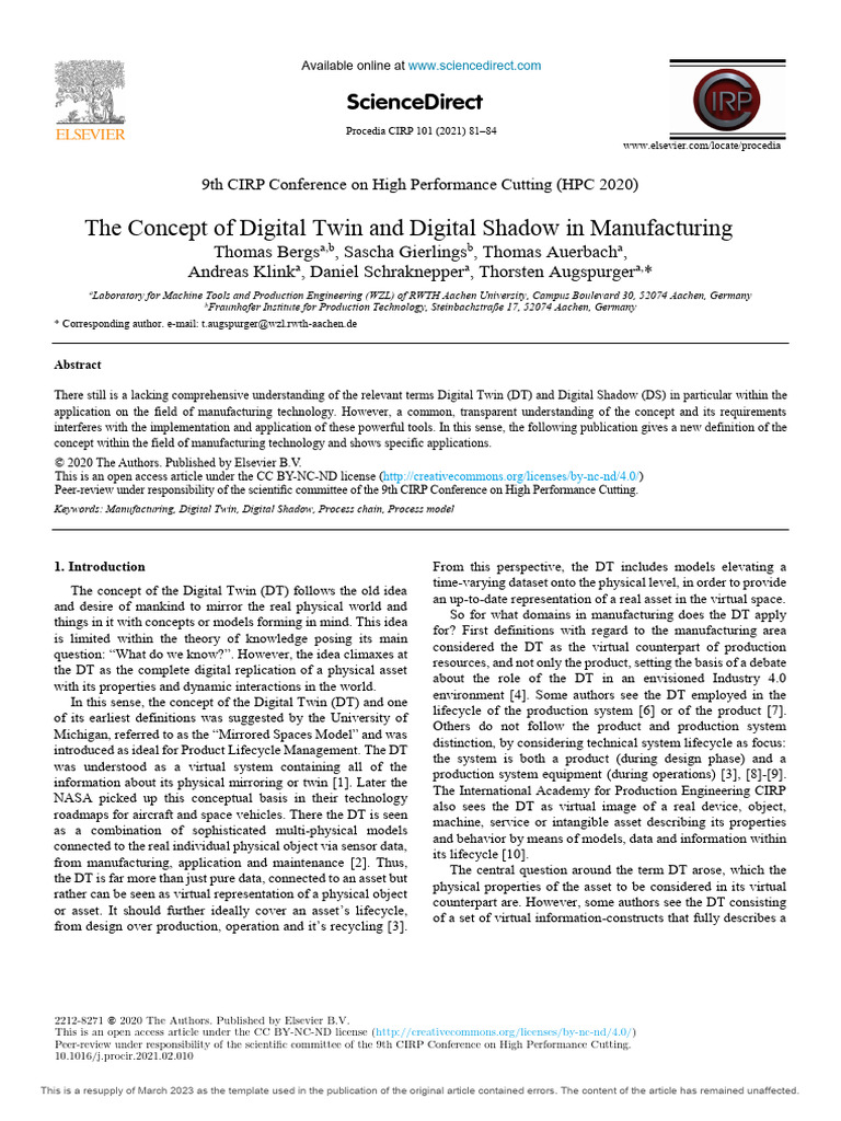 The Concept of Digital Twin and Digital Shadow in Manufacturing | PDF ...