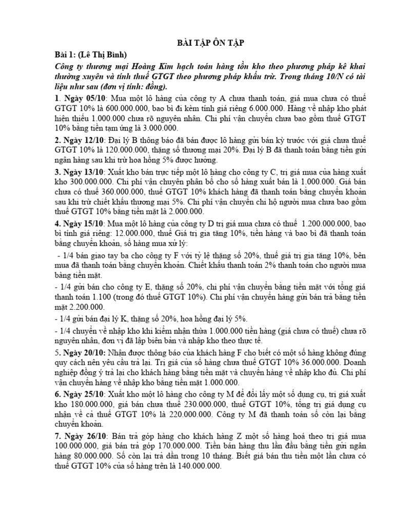 BÀI TẬP TỔNG HỢP KTDNTMDV&KDXNK - K14 (1) | PDF