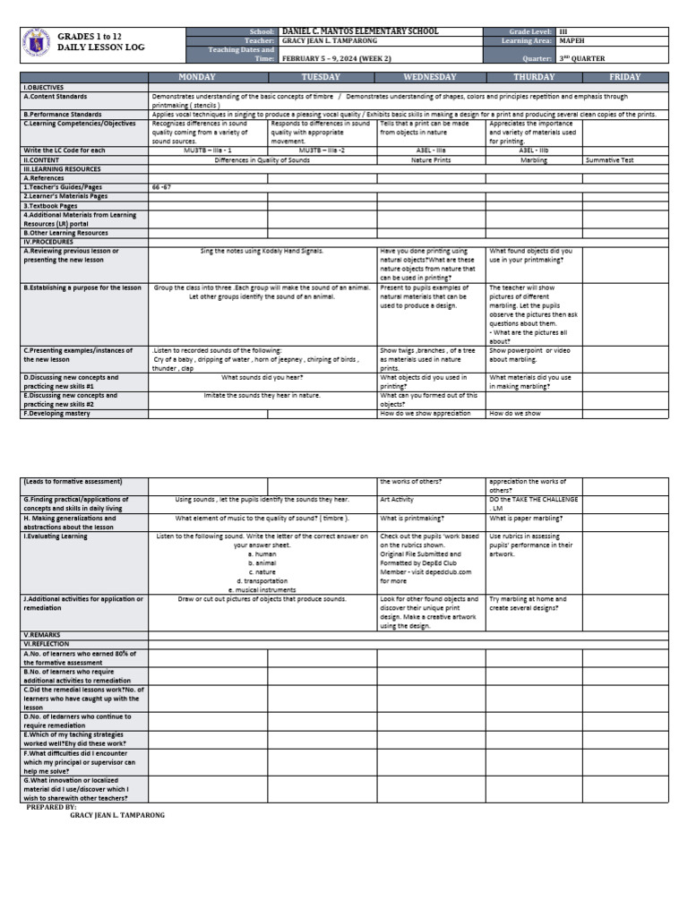 DLL_MAPEH 3_Q3_W2 | PDF | Learning | Printmaking