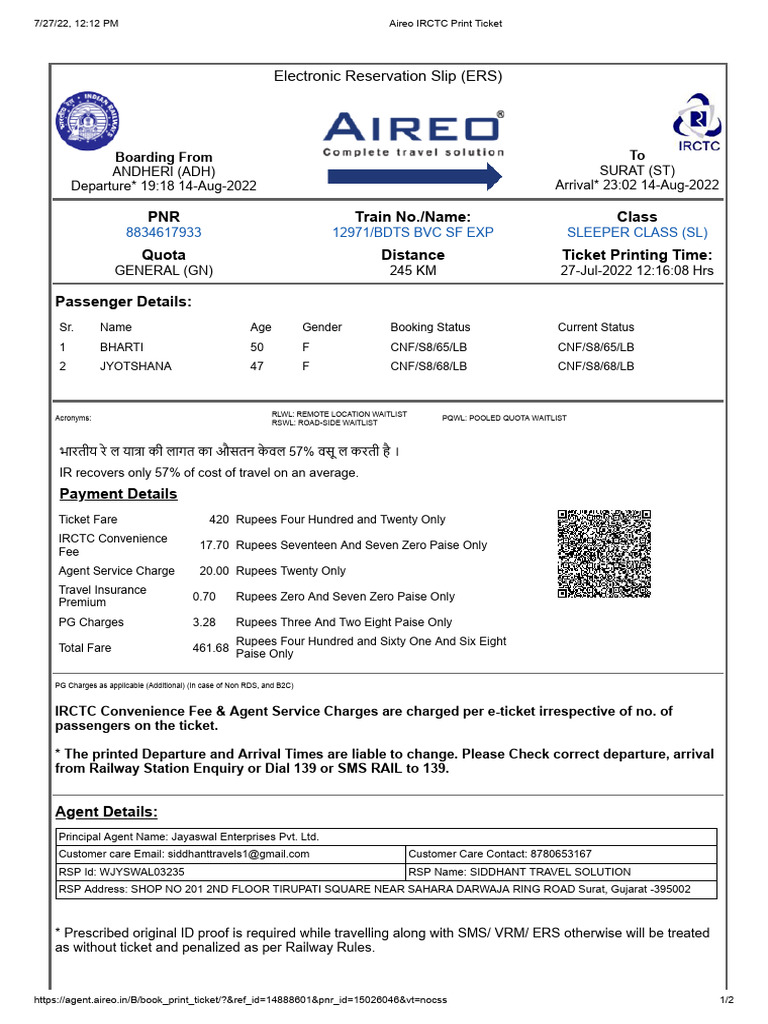 Aireo IRCTC Print Ticket | PDF | Identity Document