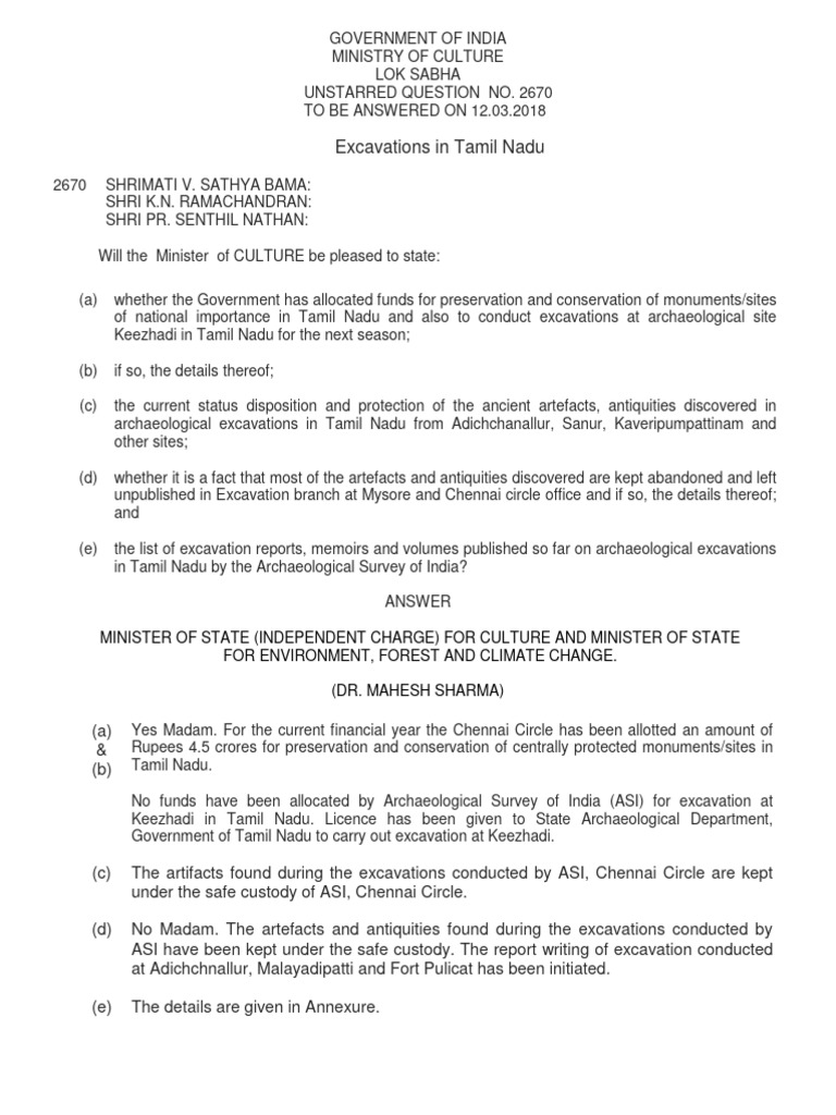 Loksabhaquestions Annex 14 AU2670 | PDF | Tamil Nadu | Archaeology