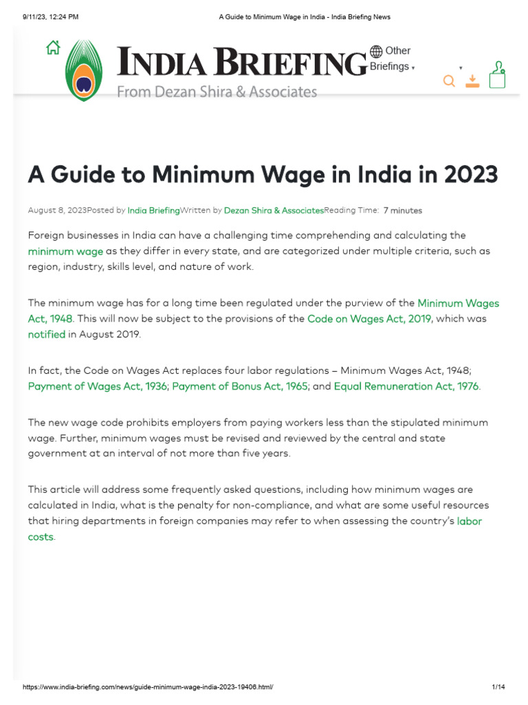 Minimum Wage Guide for India 2023 | PDF | Employment | Labour Law