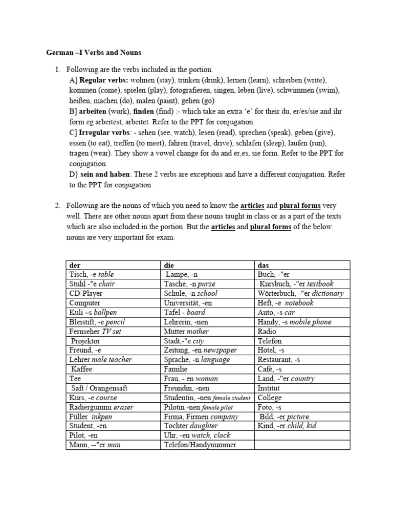 German I ImportantNouns&Verbs | PDF | Semantic Units | Language Families