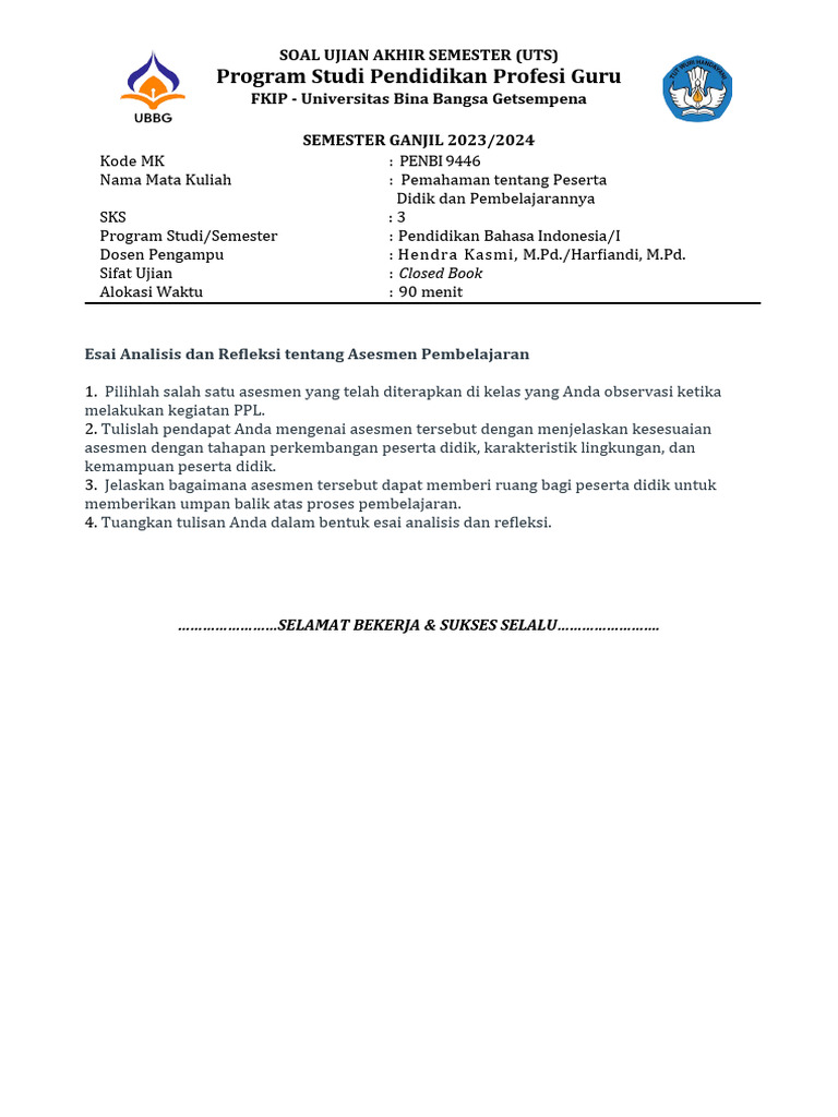 Hendra Kasmi - UAS MK Pemahaman Tentang Peserta Didik Dan Pembelajarannya | PDF