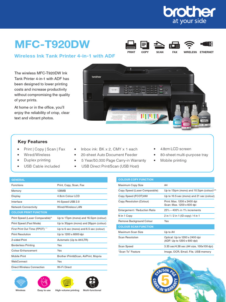Brother MFC T920DW Data Sheet | PDF | Image Scanner | Printer (Computing)