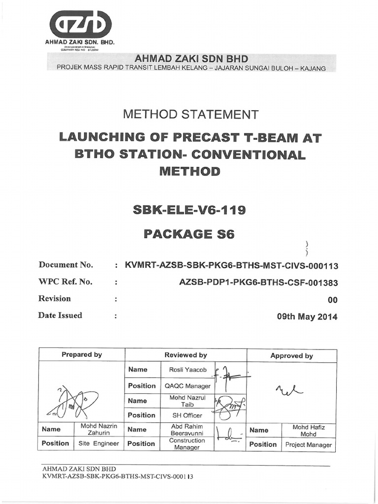 KVMRT-AZSB-SBK-PKG6-BTHS-MST-CIVS-000113.00 - MS Launching of Precast T-Beam | PDF