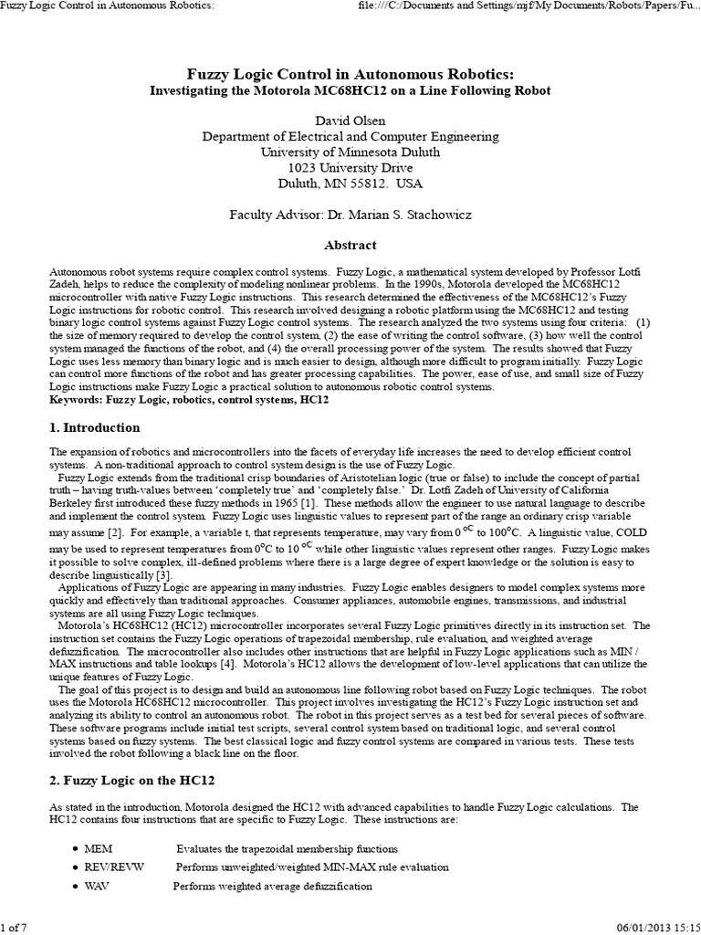Fuzzy Logic Control in Autonomous Robotics | PDF | Fuzzy Logic | Computer Engineering