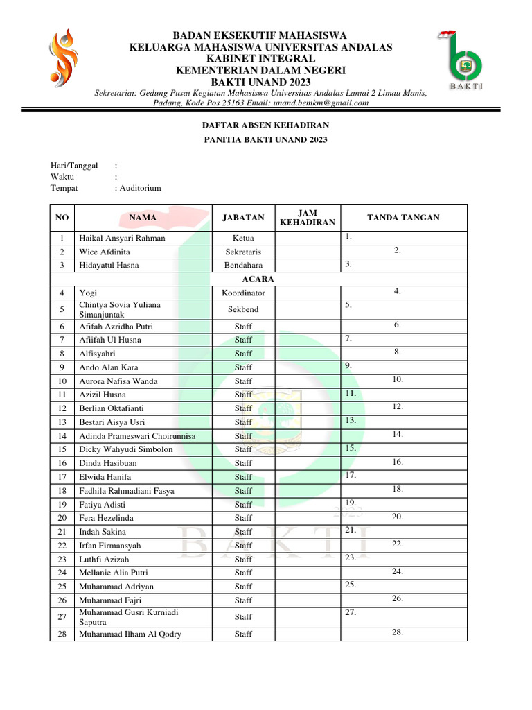 Daftar Hadir Panitia Bakti UNAND 2023 | PDF