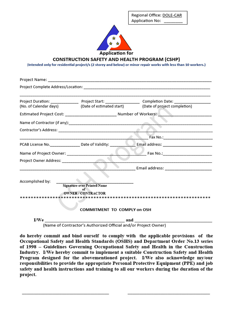 SIMPLIFIED CSHP APPLICATION FORM | PDF | Occupational Safety And Health ...