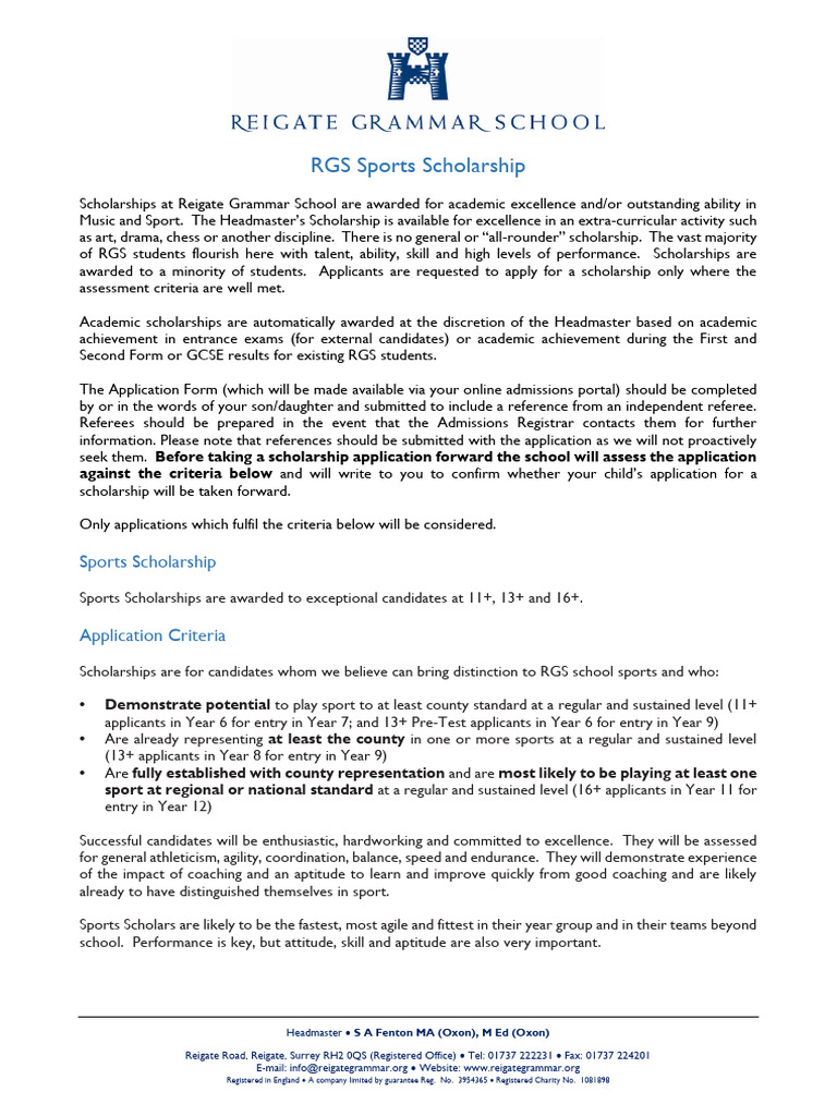 RGS Sports Scholarship Guidance Notes | PDF | Sports