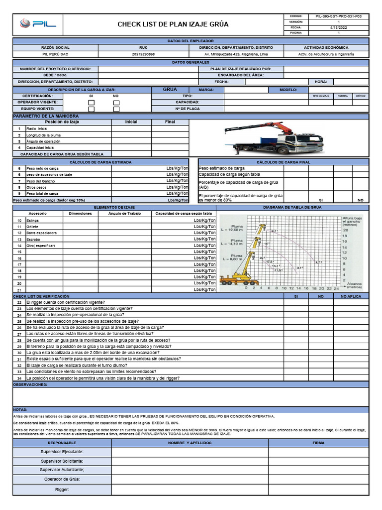 Pil-sig-sst-pro-031-f03 Check List de Plan Izaje Grúa | PDF