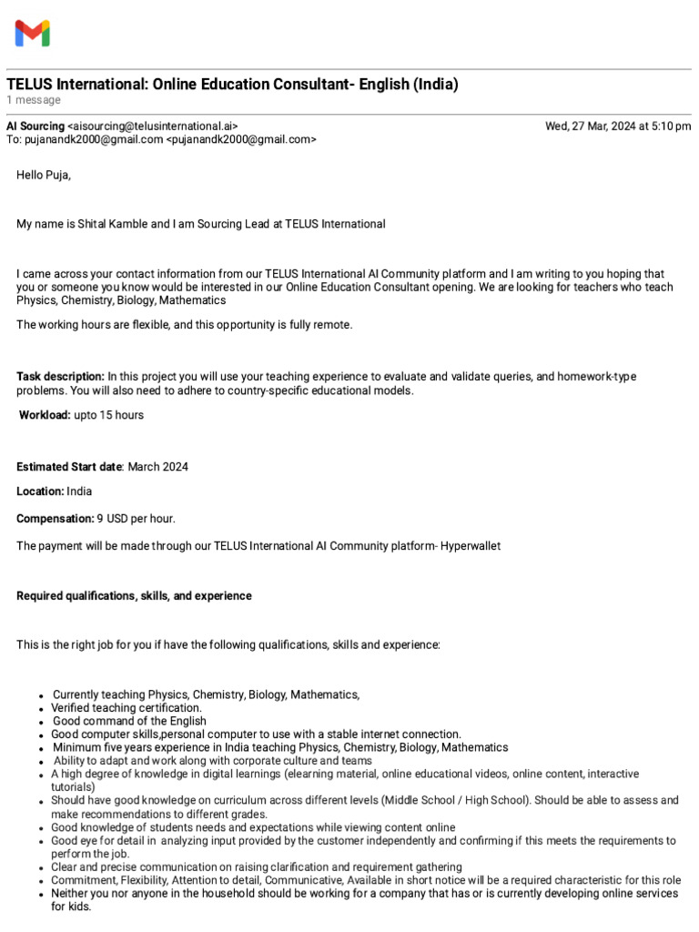 Gmail - TELUS International - Online Education Consultant - English (India) | PDF | Educational ...