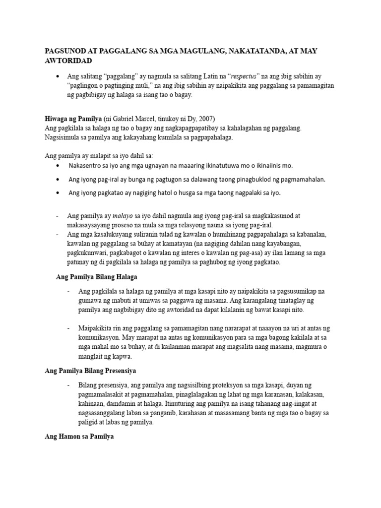 Pagsunod at Paggalang Sa Mga Magulang Nakatatanda at May Awtoridad 1 | PDF