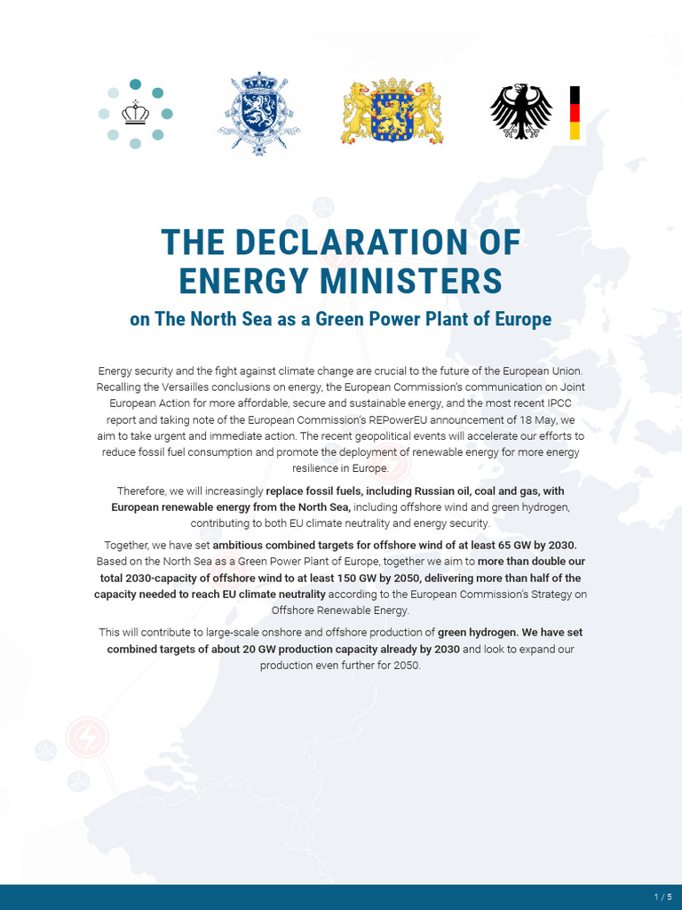 THE DECLARATION OF ENERGY MINISTERS On The North Sea As A Green Power ...