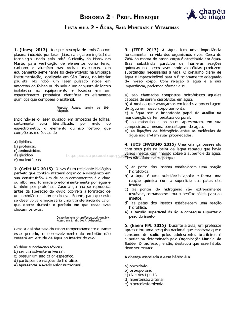 Lista Aula 2 - Água, Sais Minerais e Vitaminas - Biologia 2 PDF | PDF ...