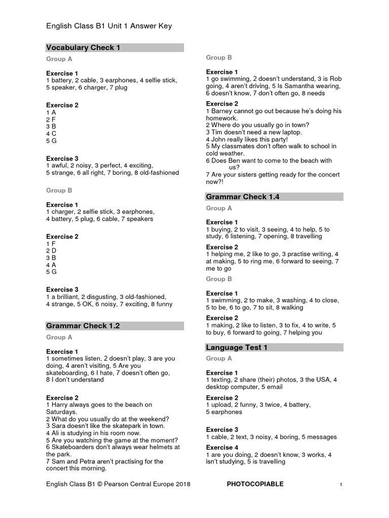 ECB1 Unit 1 Answer Key | PDF