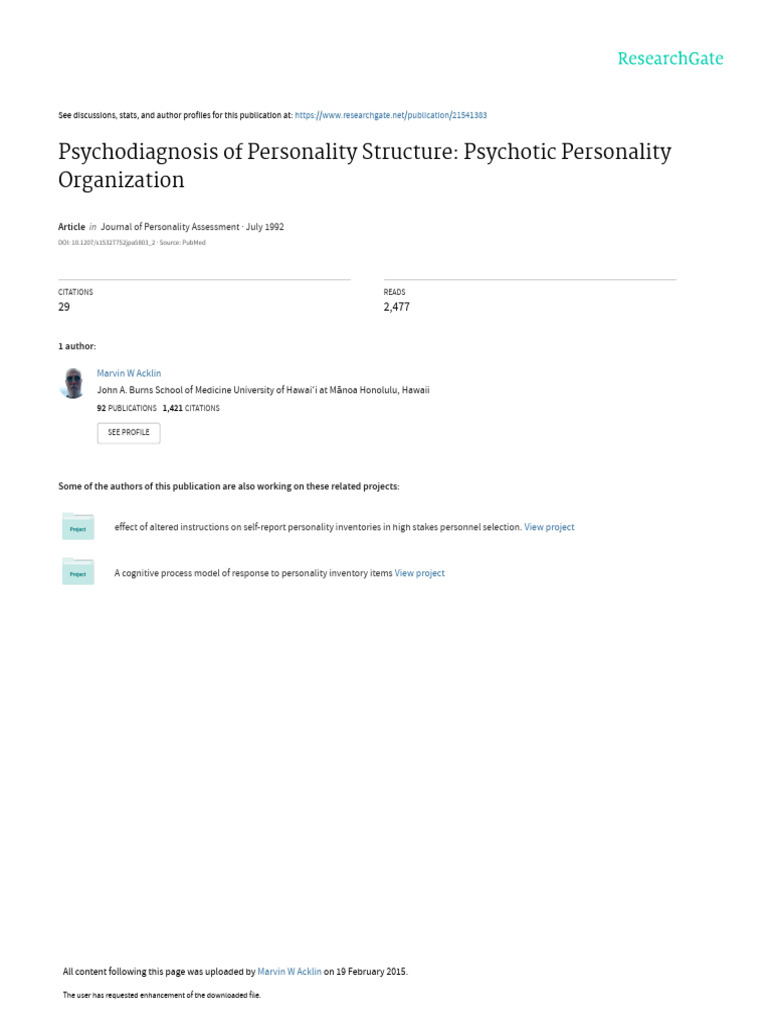 Psychotic Personality Structure Analysis | PDF