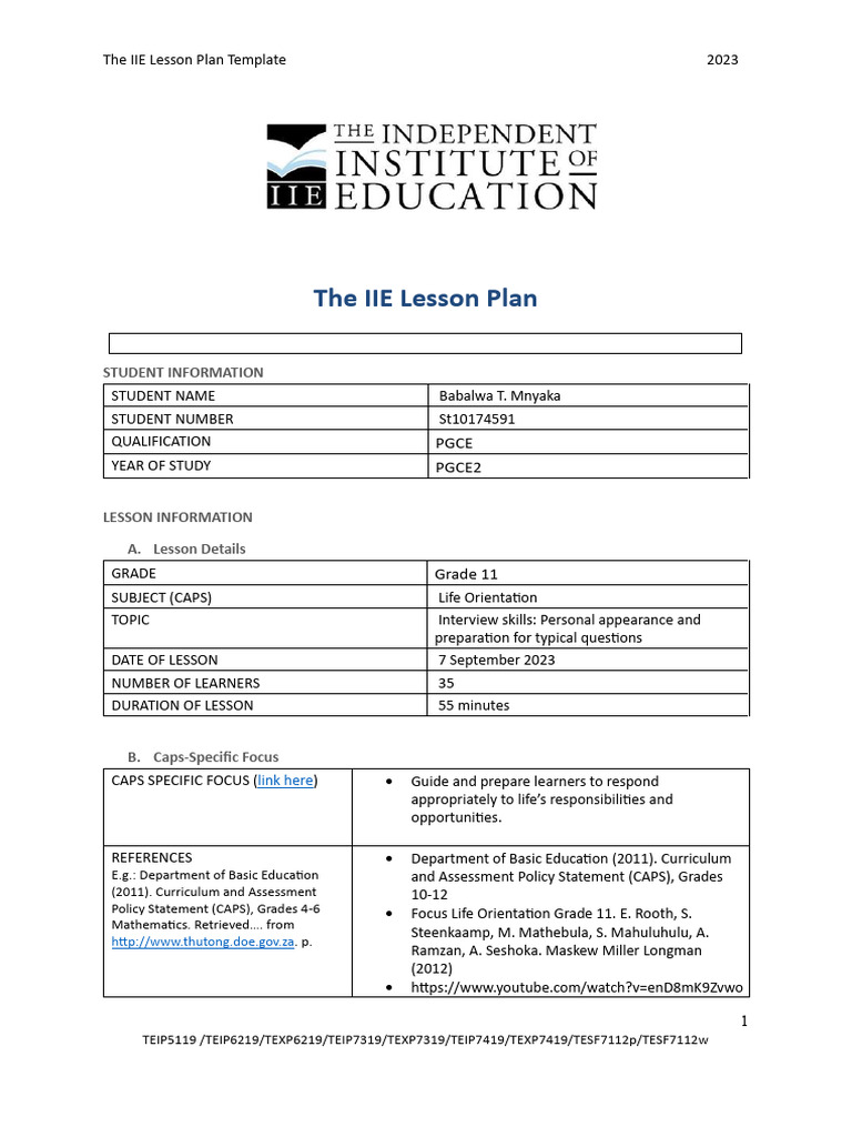 Grade 11 Interview Skills Lesson Plan | PDF | Lesson Plan | Learning