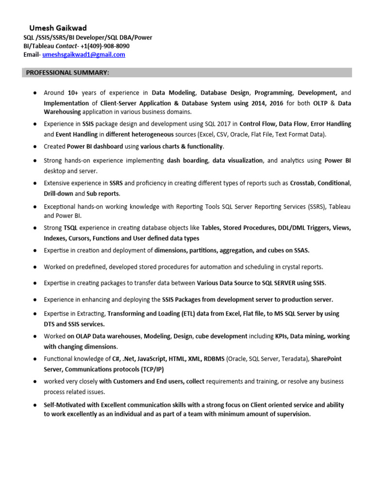 Umesh Gaikwad Resume SQL - SSIS - SSRS - PowerBI | PDF | Microsoft Sql ... Umesh Gaikwad Resume SQL - SSIS - SSRS - PowerBI | PDF | Microsoft Sql ...