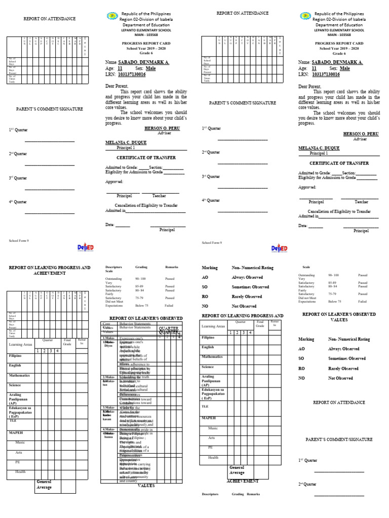 Grade 6 Progress Report Card 2019-2020 | PDF | Learning | Behavioural ...