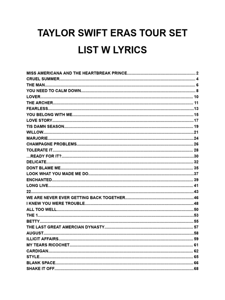 Taylor Swift Eras Tour Set List W Lyrics | PDF | Taylor Swift | Song ...