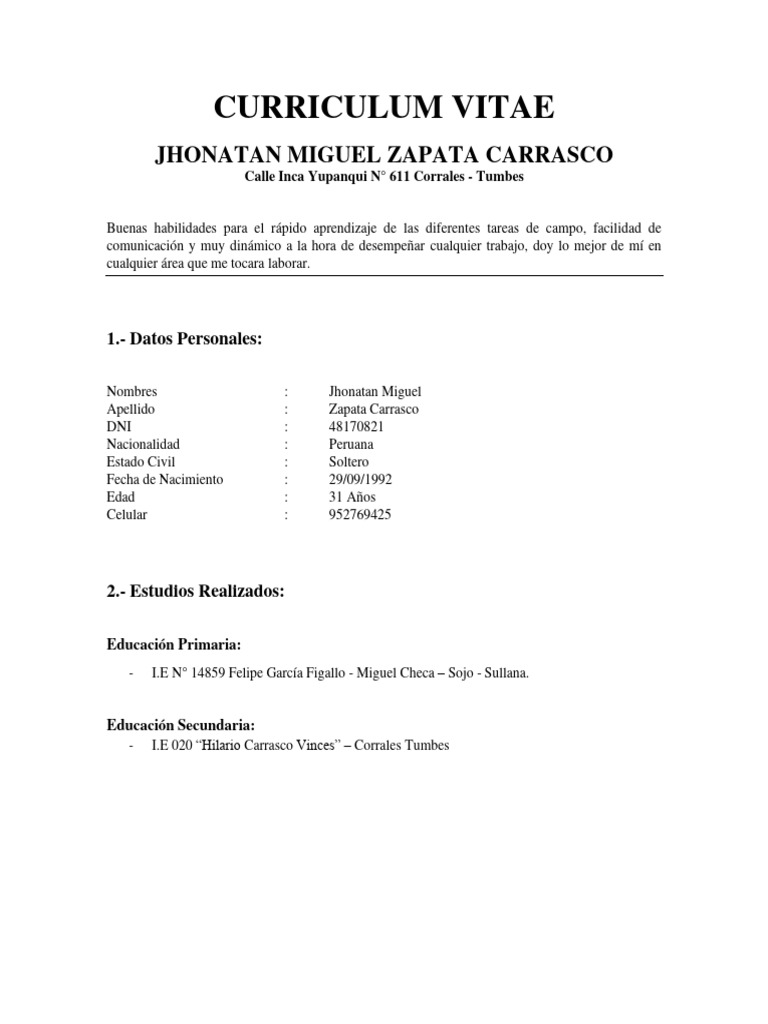 CV Jhonatan Zapata. Actualizado | PDF