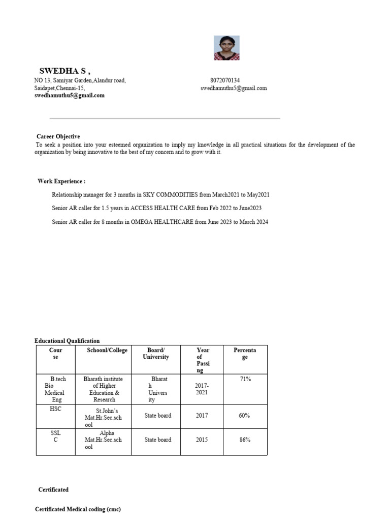 Swedha New Resume | PDF | Health Care