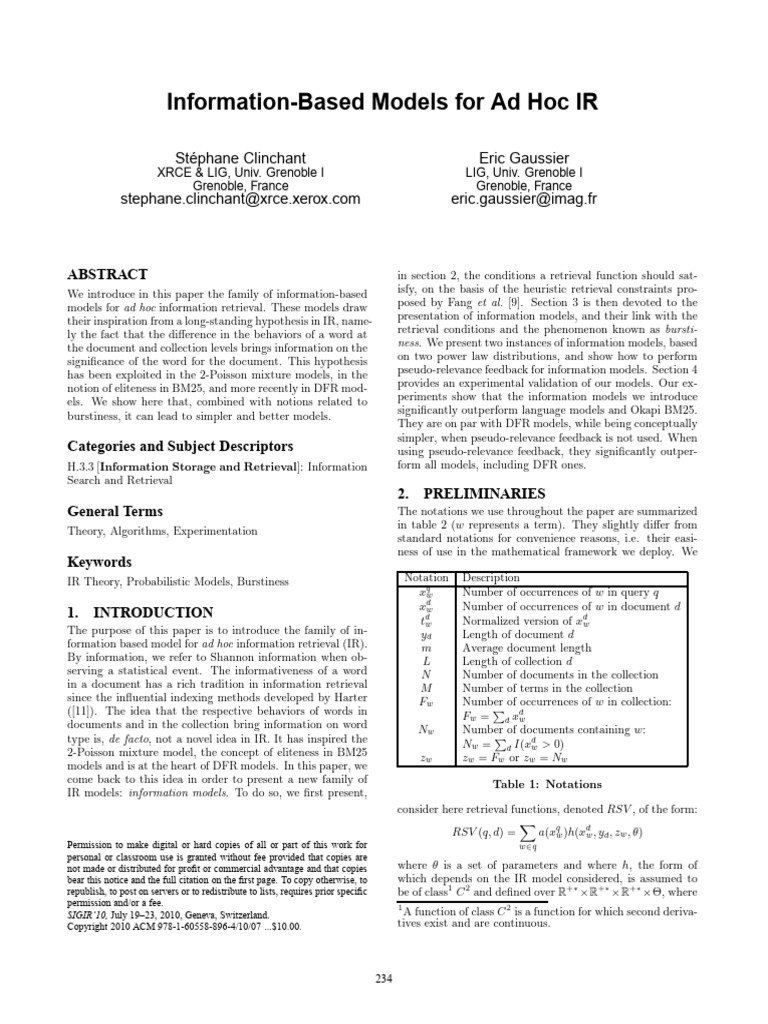 Information-Based Models For Ad Hoc IR: Stéphane Clinchant Eric ...