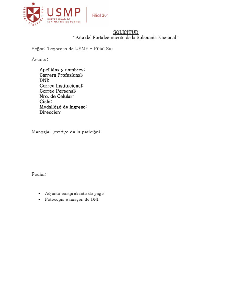 Solicitud de Ingreso a USMP Filial Sur | PDF
