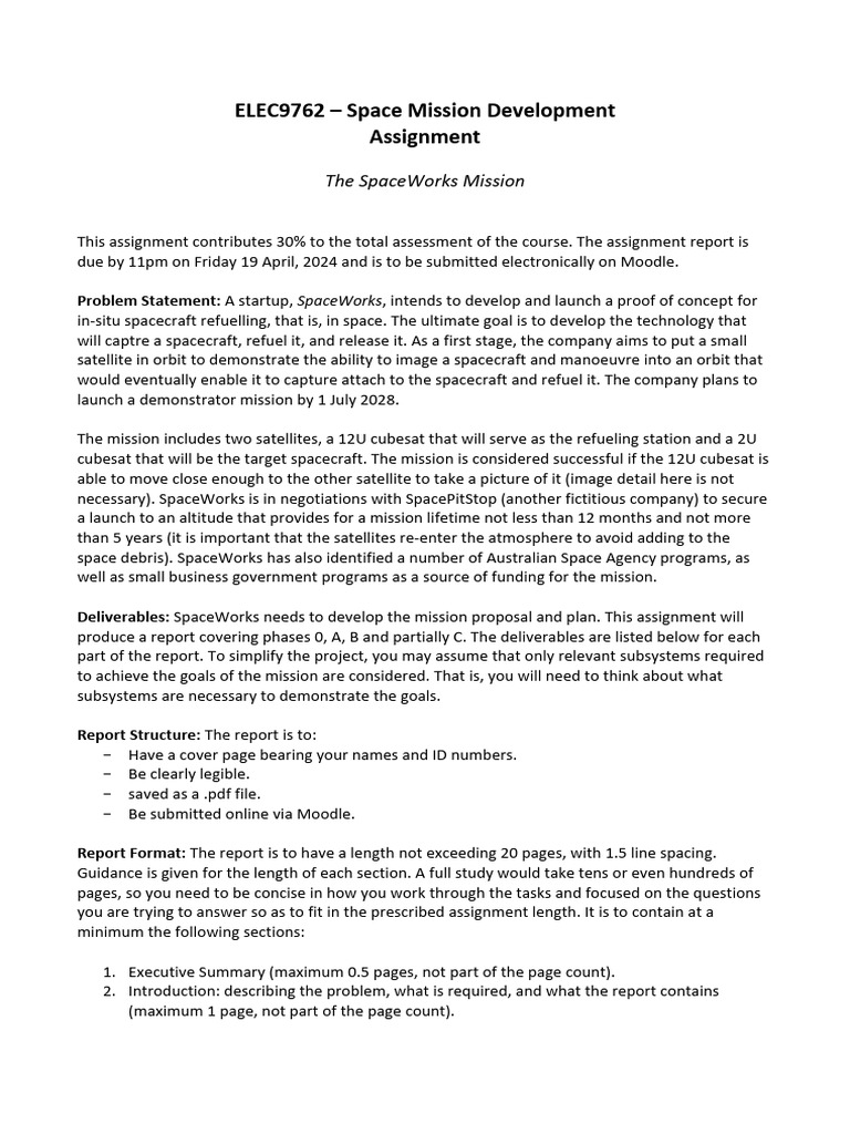 ELEC9762 - Assignment - T1 2024 | PDF | Spacecraft | System