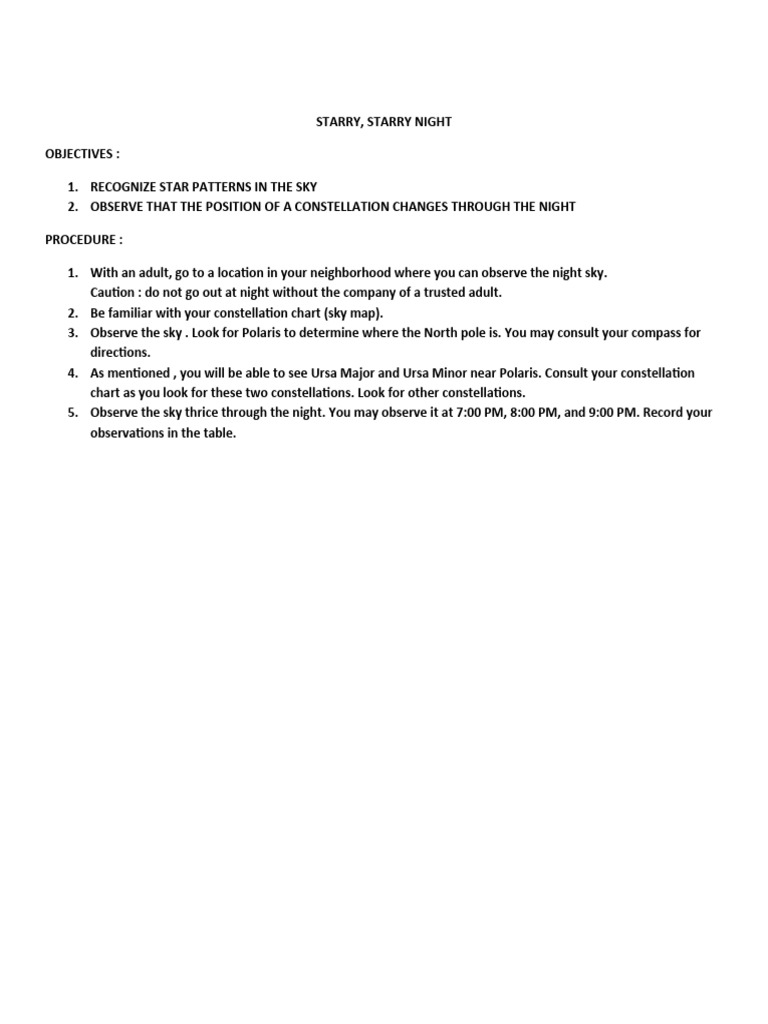 Starry Night Observation Worksheet | PDF